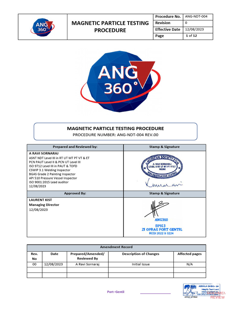ANG-NDT-004 Magnetic Particle Testing Procedure - Rev.0 | PDF ...