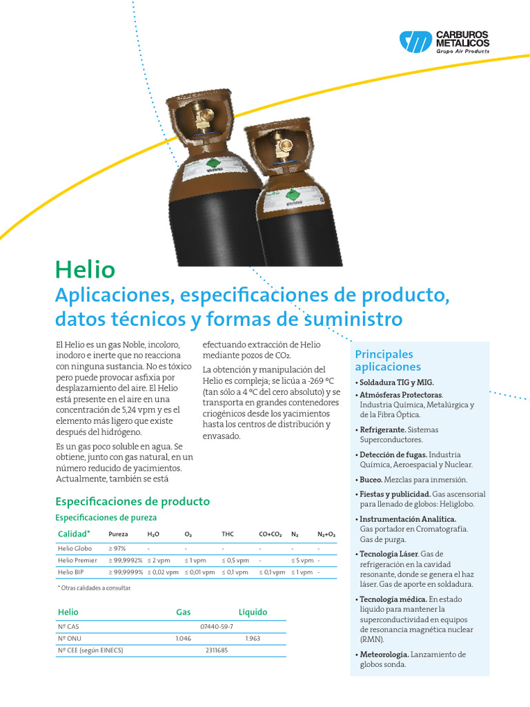 Especificaciones del Helio y Aplicaciones | PDF | Helio | Gases