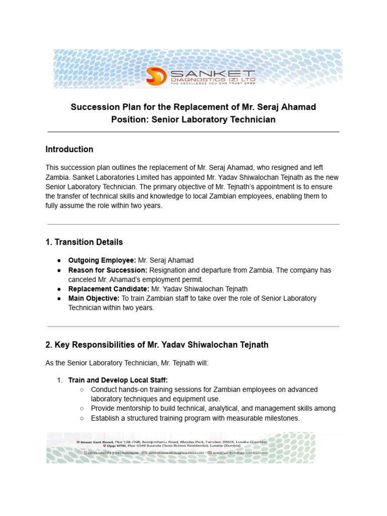Succession Plan For The Replacement of MR | PDF | Laboratories | Business