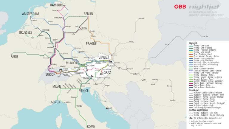 Europakarte Nightjet Reiseziele Englisch | PDF | Night | Public Transport