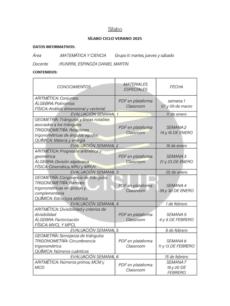 Sílabo - Grupo Mjs - Curso Matemática y Ciencia - Ciclo Verano 2025 | PDF