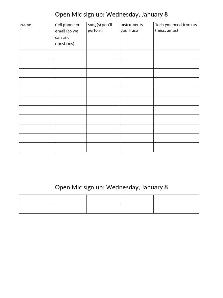 Signup Sheet - Open Mic 2024 | PDF