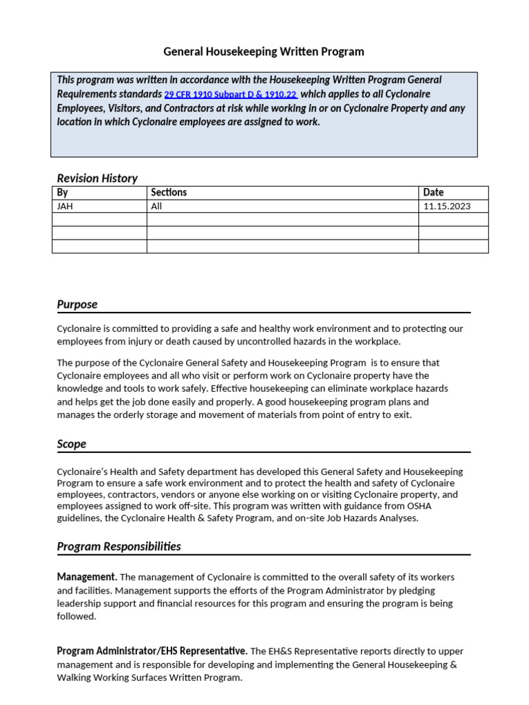 Housekeeping Written Program | PDF | Occupational Safety And Health | Housekeeping