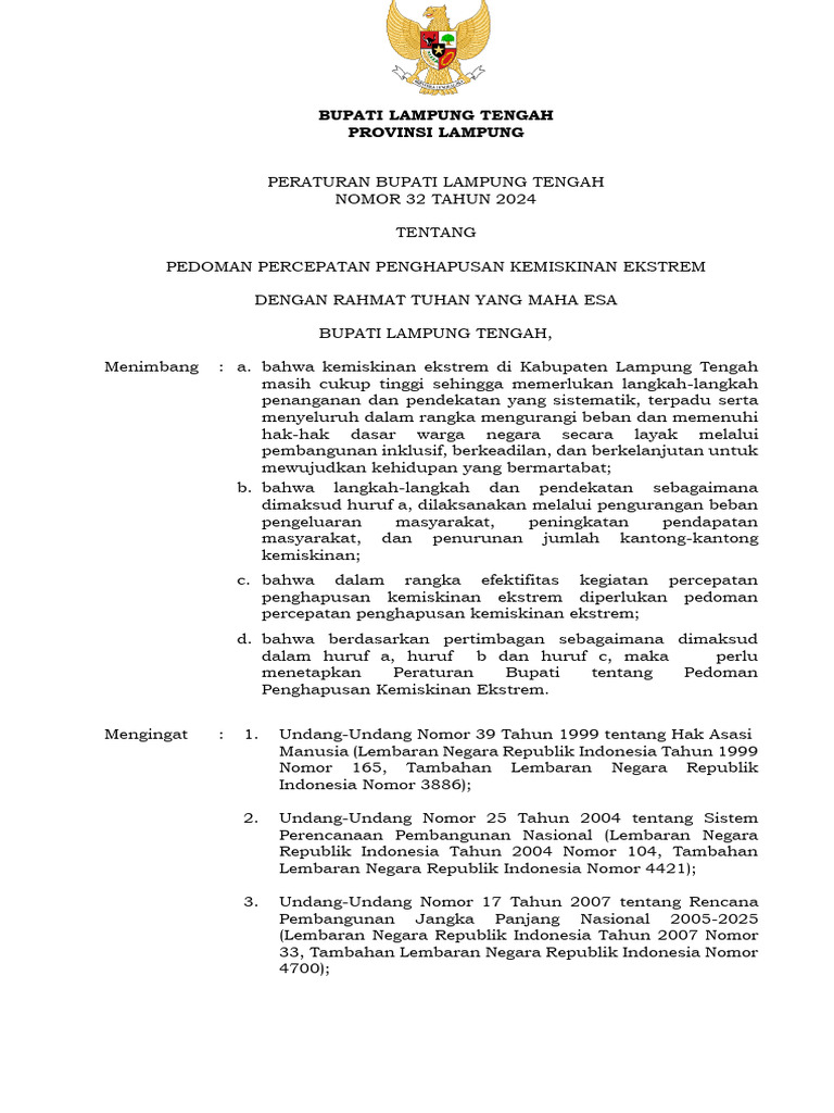 Perbub Nomor 32 Tahun 2024 tentang Pedoman Percepatan Penghapusan Kemiskinan Ekstrem | PDF