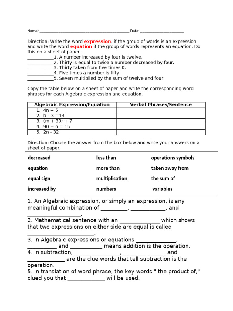 tRANSLATE ALGEBRAIC EXPRESSIONS | PDF | Algebra | Equations