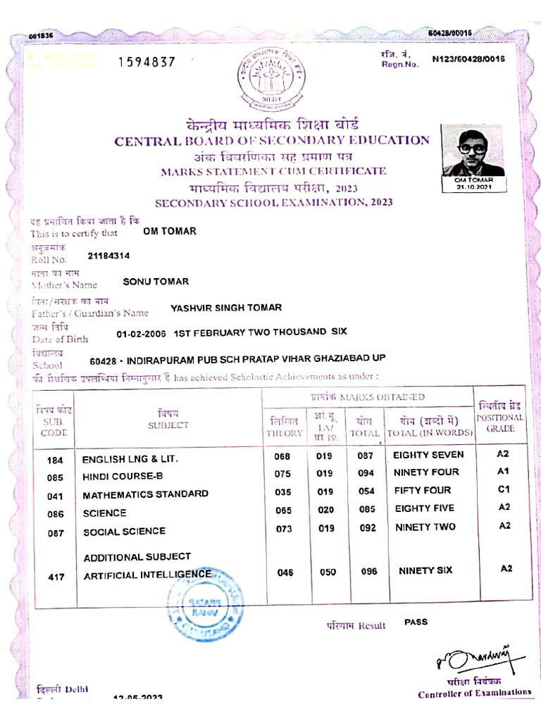 Om Tomar Class 10th Marksheet | PDF