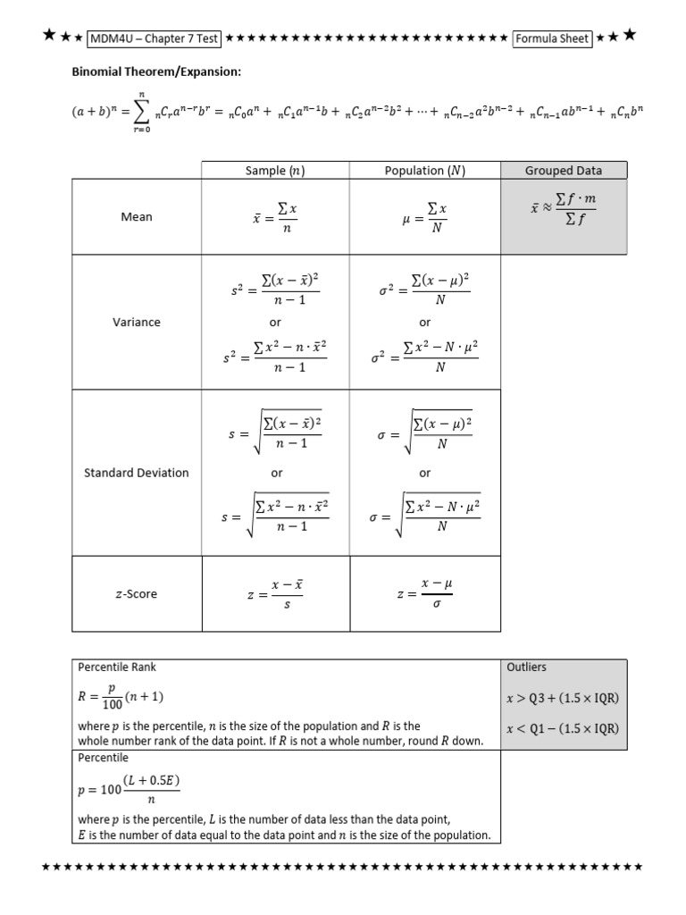 MDM4U - Chapter 7 Formula Sheet | PDF | Normal Distribution ... MDM4U - Chapter 7 Formula Sheet | PDF | Normal Distribution ...