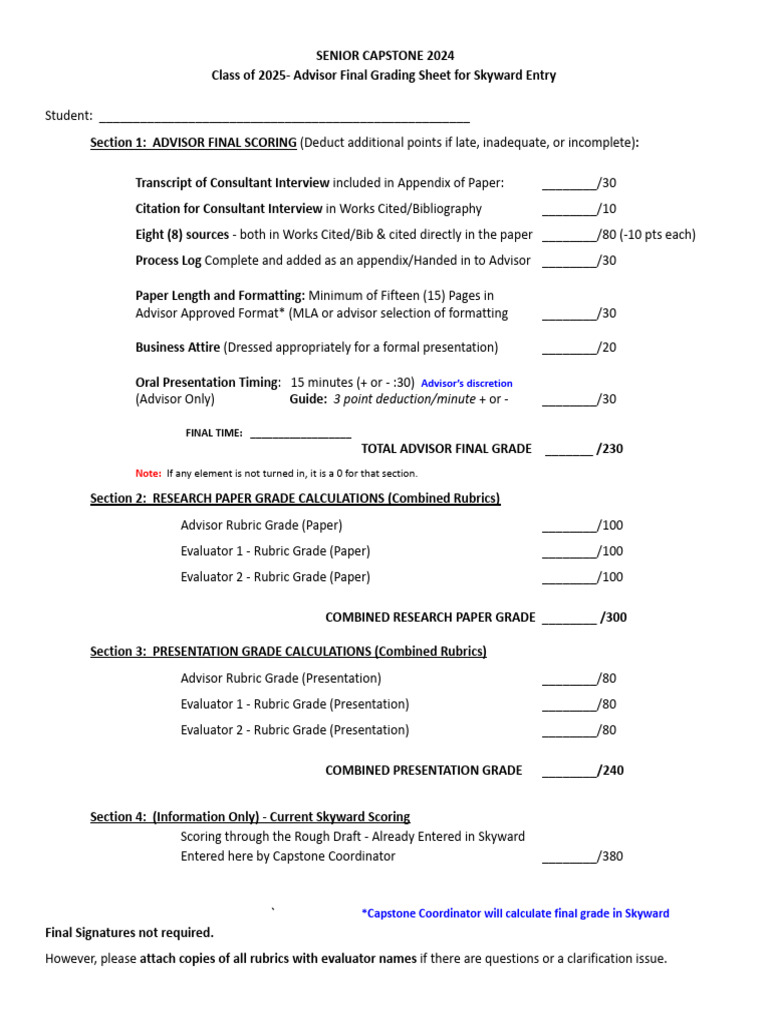 2024 Senior Capstone - Advisor Final Grading Sheet - Class of 2025 ...