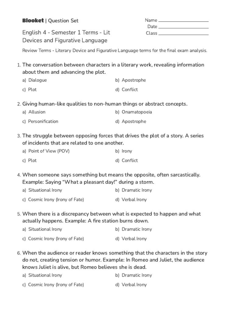 Literary Devices and Figurative Language Quiz | PDF | Irony | Plot ...