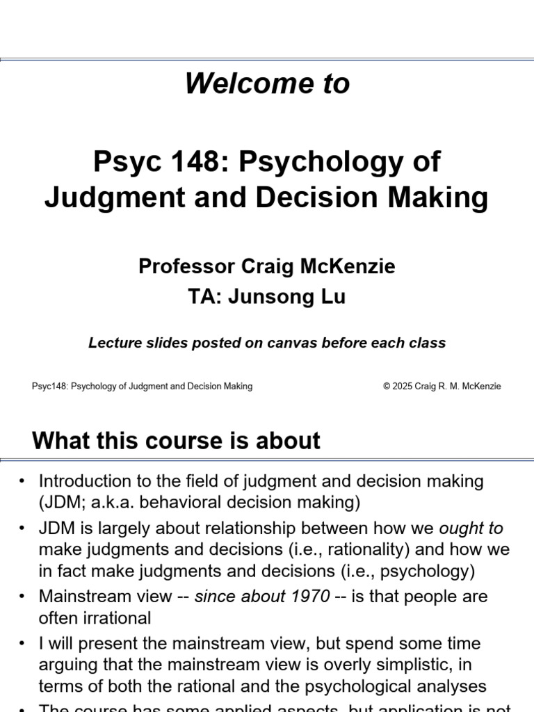 Psyc148: Judgment and Decision Making | PDF | Decision Making | Rationality