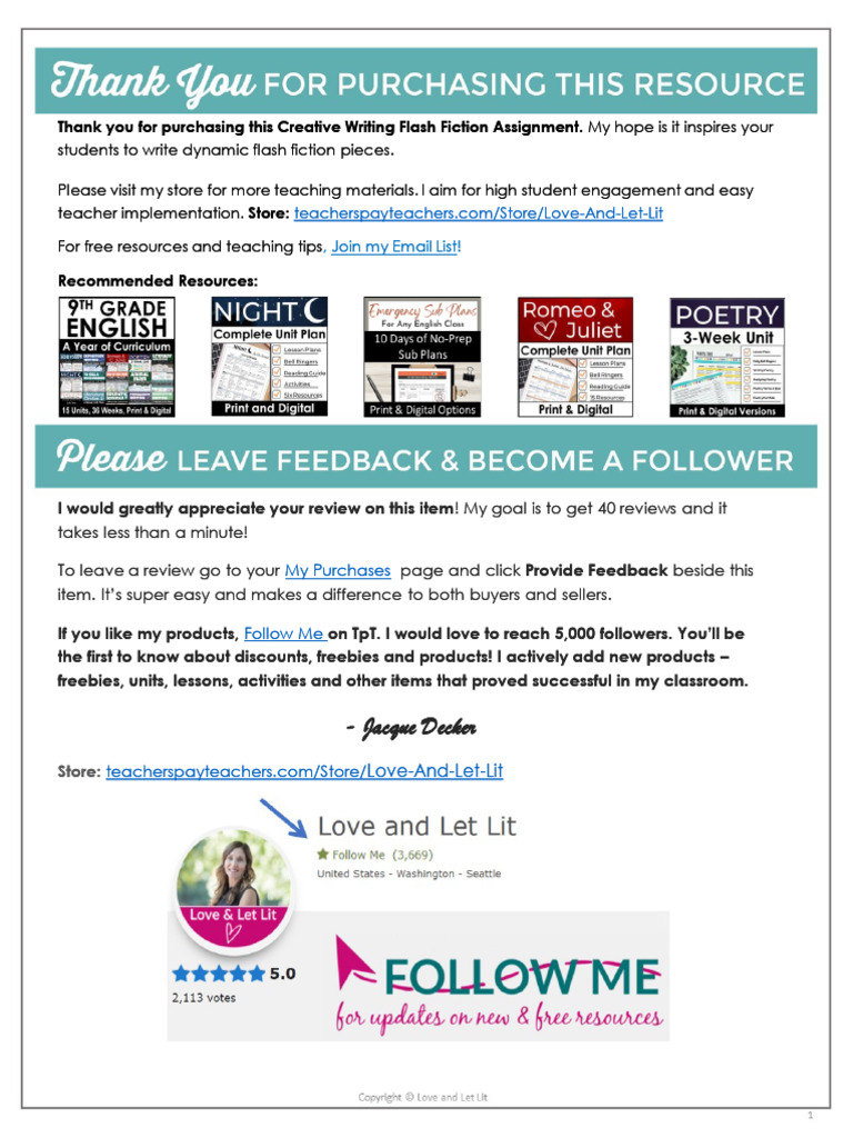 6 - Flash Fiction Assignment With 2 Days of Lesson Plans, Bell Ringers ...