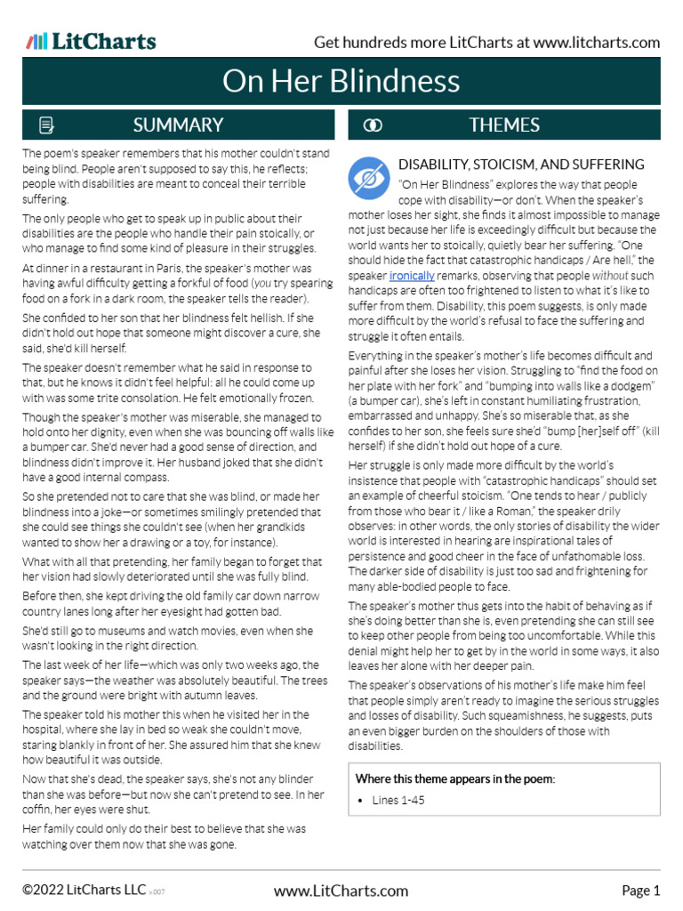 LitCharts On Her Blindness | PDF | Visual Impairment | Poetry