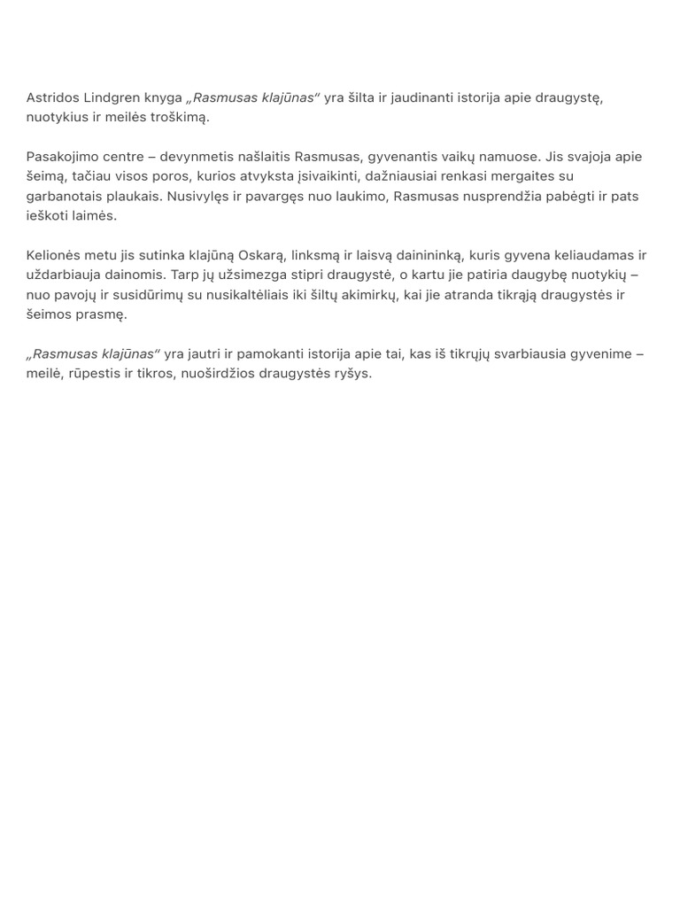 Astridos Lindgren Knyga Rasmusas Klajūnas" Yra Šilta Ir Jaudinanti | PDF