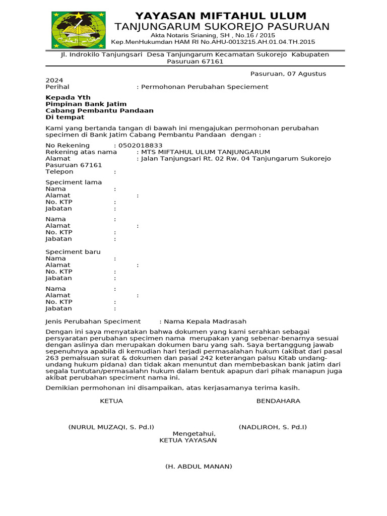 Surat Permohonan Speciment Bank Jatim | PDF