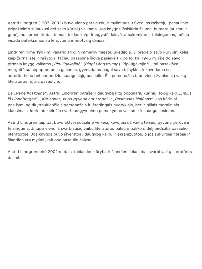 Astrid Lindgren Aprašymas | PDF