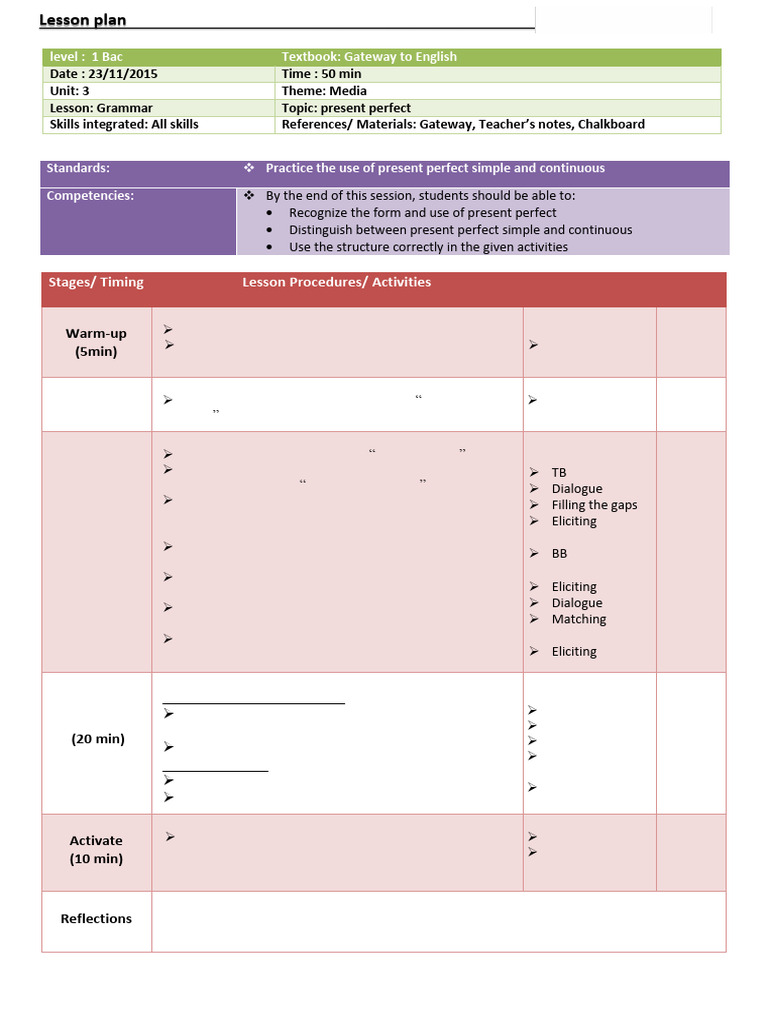 Present Perfect Grammar Lesson Plan | PDF | Grammar | Linguistics