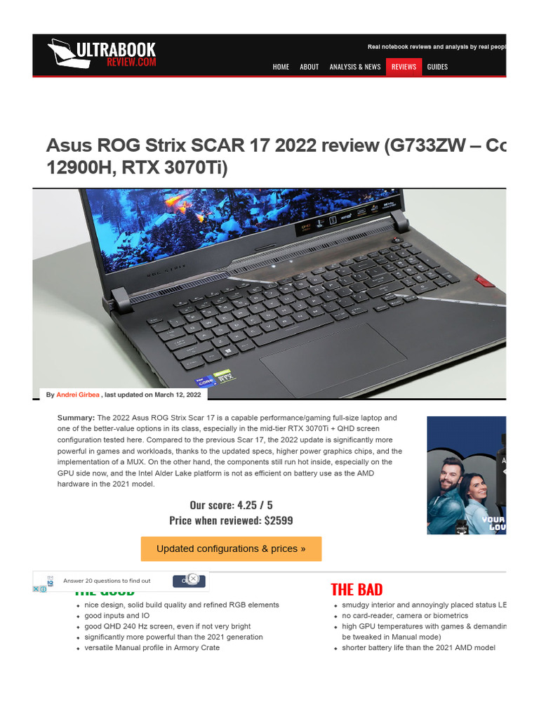 Asus ROG Strix SCAR 17 2022 review (G733ZW - Core i9-12900H, RTX 3070Ti) | PDF | Laptop ...