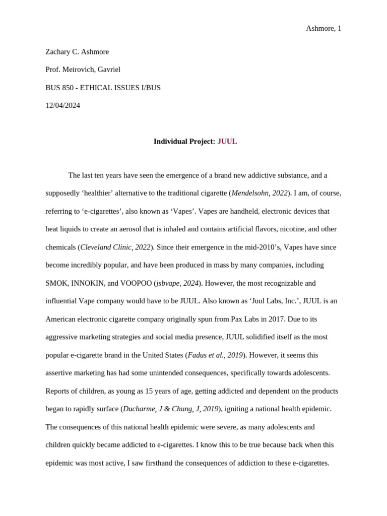 Individual Project (JUUL - Finale Paper) Zach Ashmore | PDF | Electronic Cigarette | Justice
