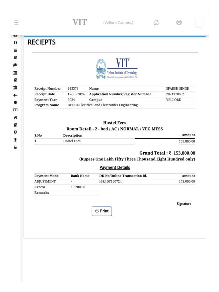 VIT Vellore Hostel Payment Receipt | PDF