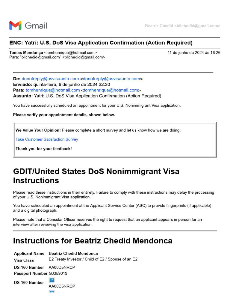 ENC: Yatri: U.S. DoS Visa Application Confirmation (Action Required ...