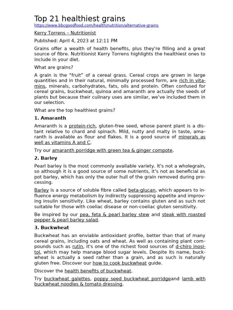 Top 21 Healthiest Grains | PDF | Wheat | Whole Grain