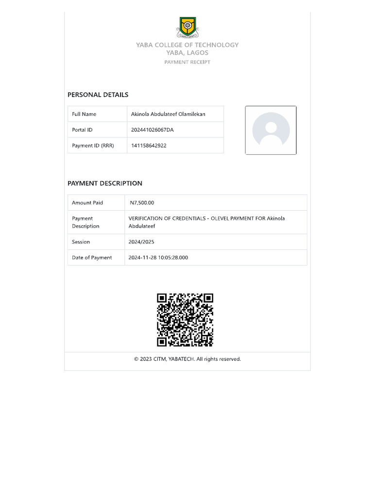 Akinola Yabatech o Level Verification Utme Receipt | PDF