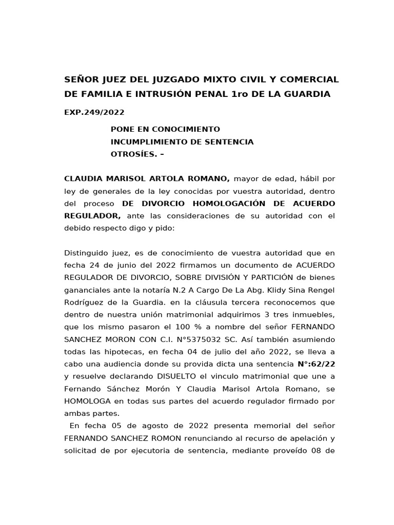 Señor Juez Del Juzgado Mixto Civil y Comercial de Familia e Intrusión Penal 1 de La Guardia ...