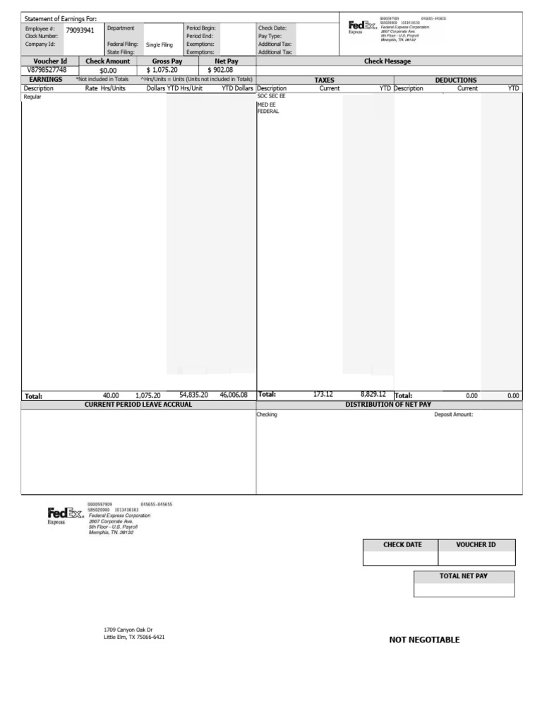 FedEx Pay Stub Example for Colin Nix | PDF | Taxes | Government Finances
