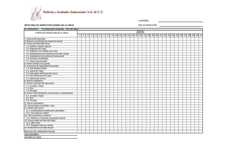 01 Bitacora de Inspección Diaria (Crane Action Plan) | PDF