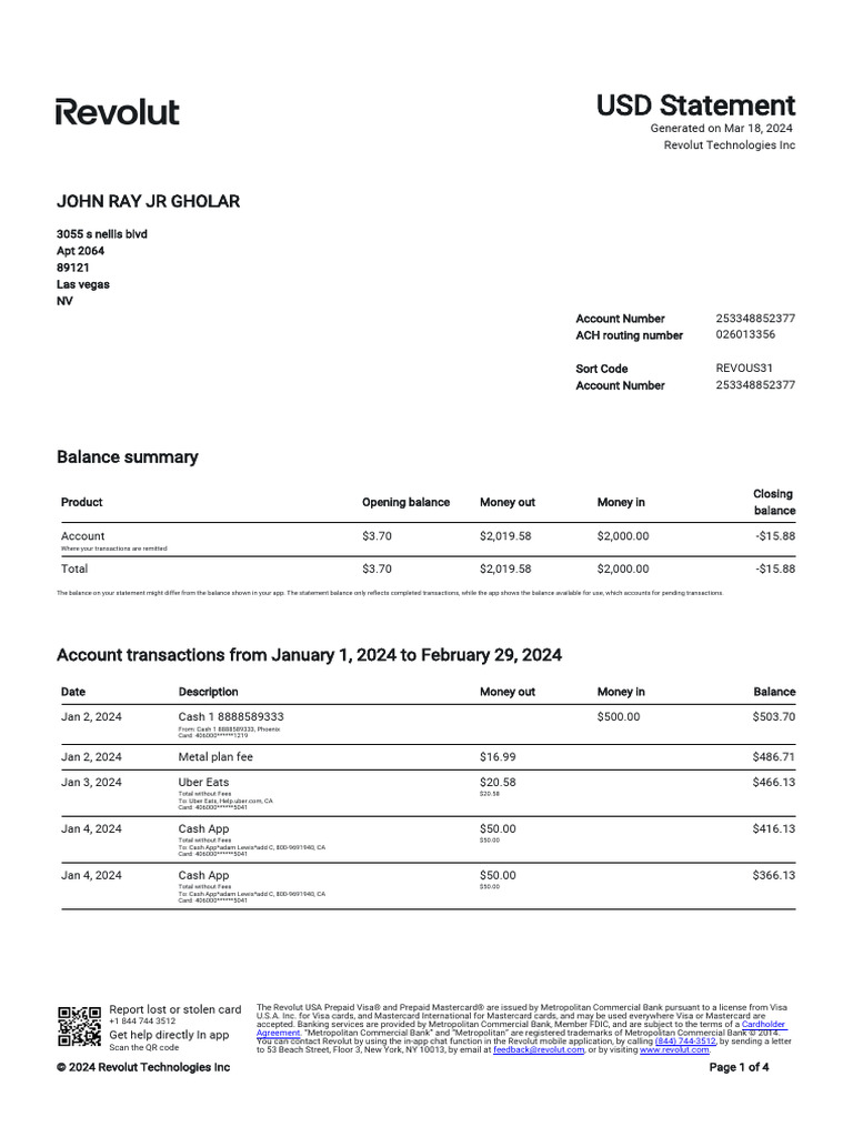 Revolut USD Statement Summary | PDF | Visa Inc. | Master Card
