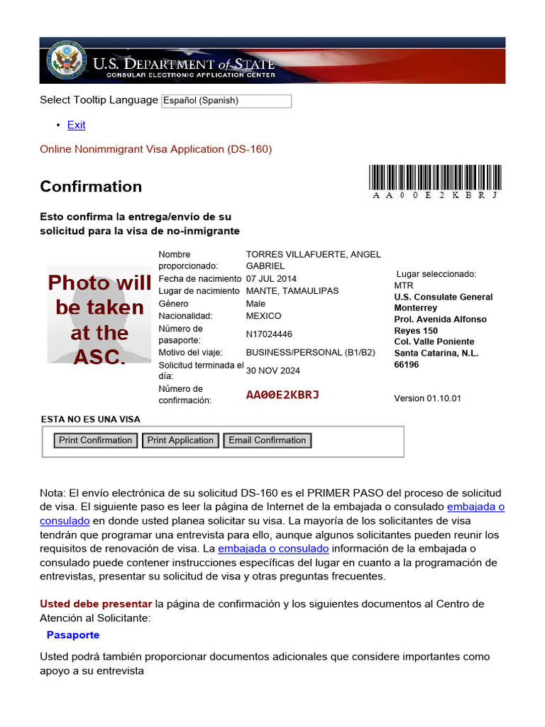 Confirmación de Solicitud DS-160 | PDF | Visa de viaje | Oficina ...