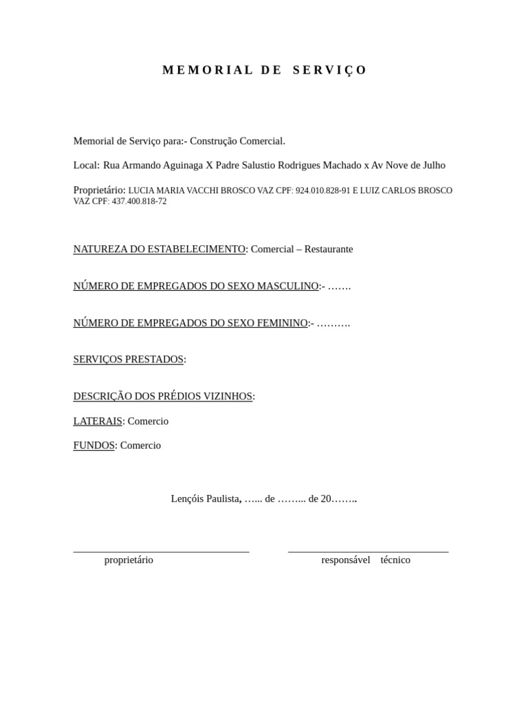Memorial de Serviço para Restaurante Comercial | PDF