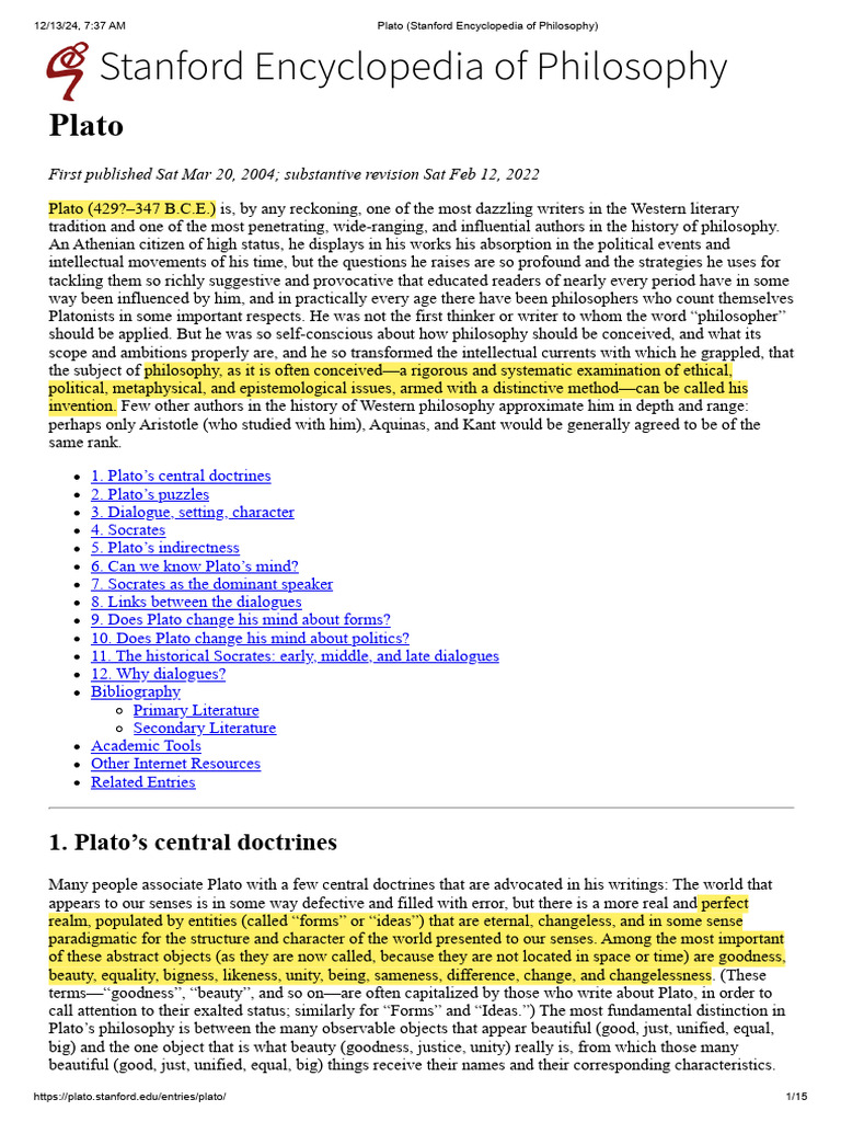 Plato (Stanford Encyclopedia of Philosophy) | PDF | Socrates | Plato