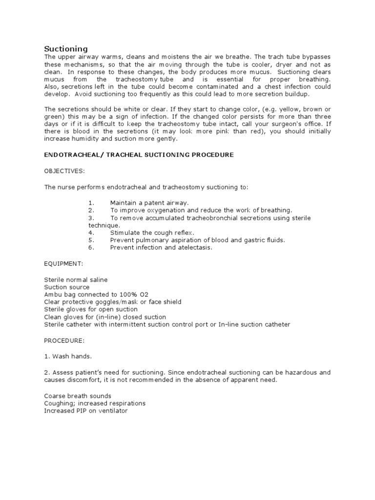 Suctioning: Endotracheal/ Tracheal Suctioning Procedure | PDF ...
