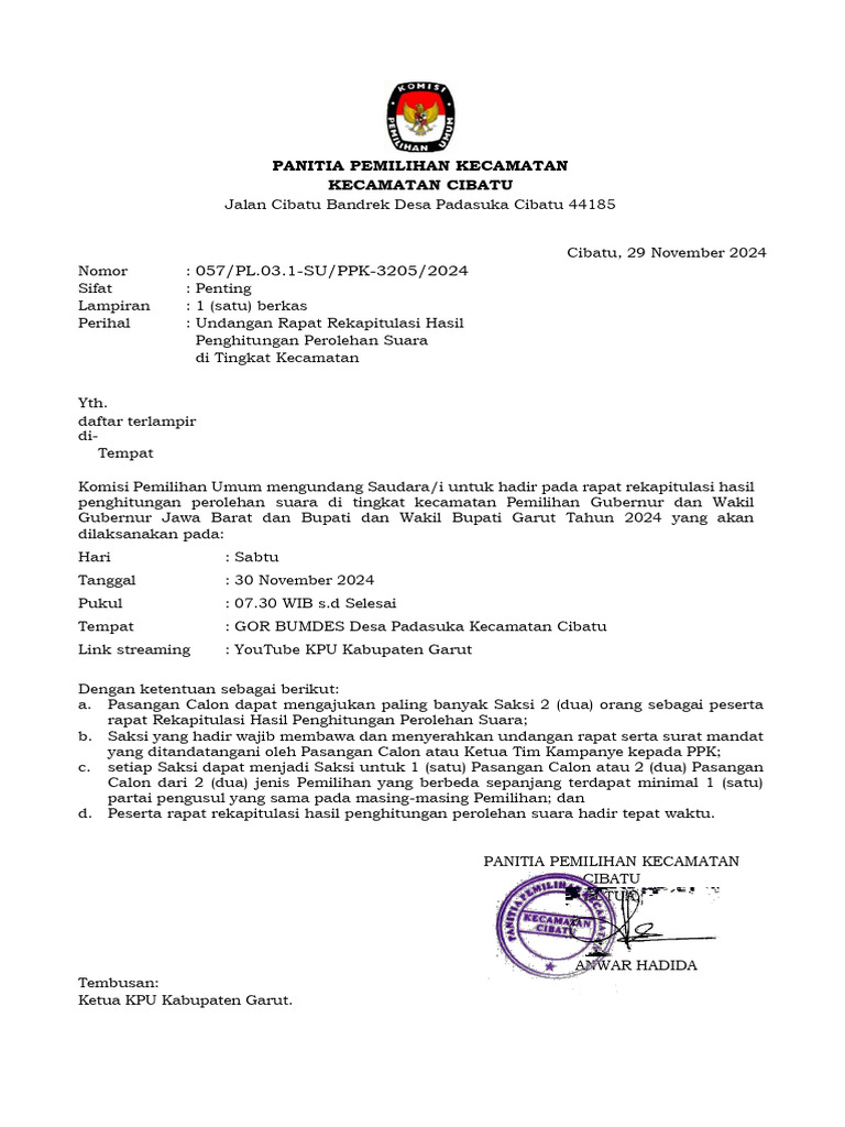 Undangan pleno Rekapitulasi Penghitungan Suara Pilkada 2024 Tingkat PPK ...