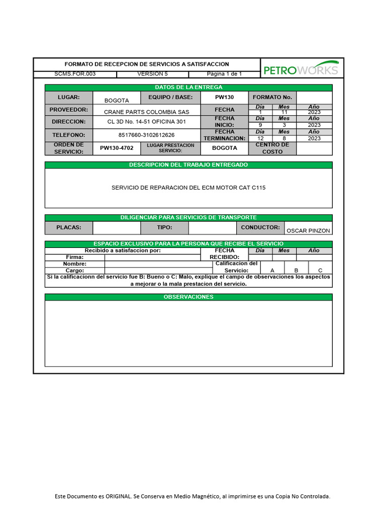 Formato de Recibido A Satisfaccion | PDF
