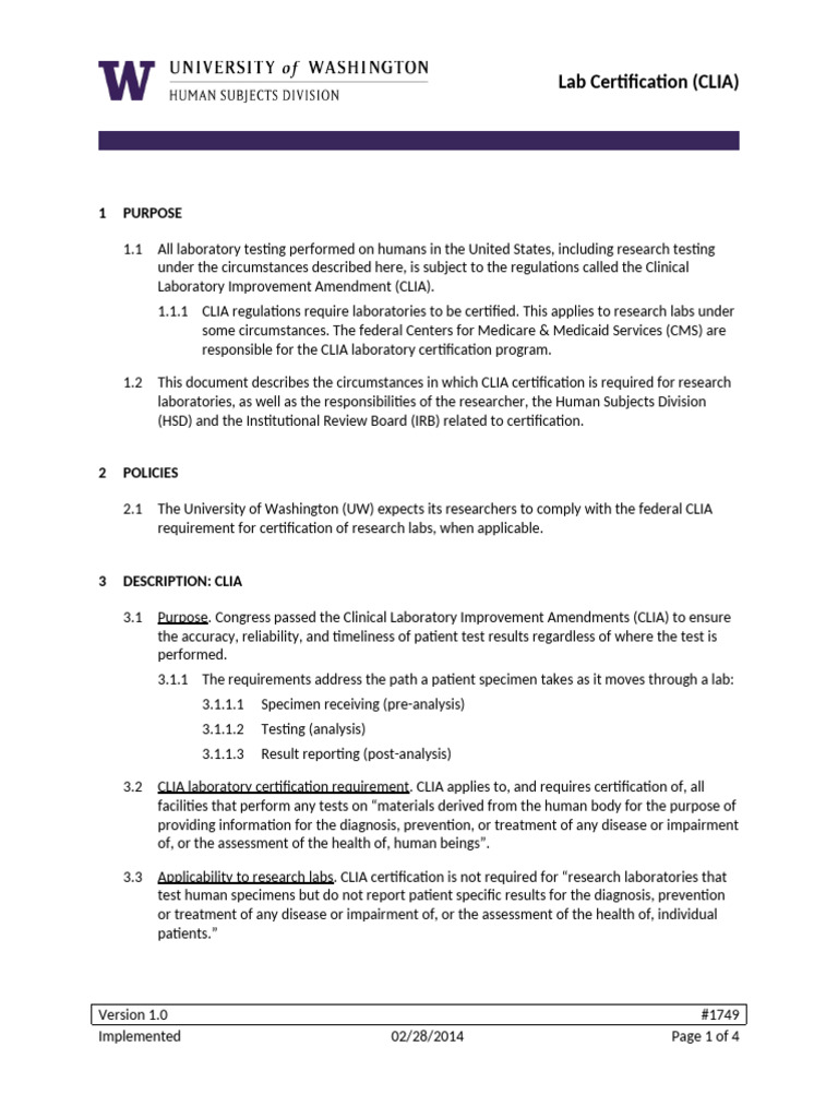SOP-Lab-Certification-CLIA | PDF | Institutional Review Board | Federal Government Of The United ...
