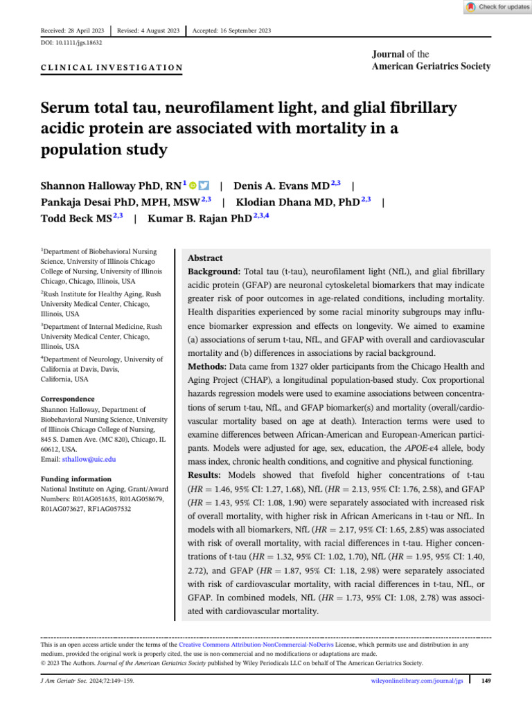J American Geriatrics Society - 2023 - Halloway - Serum total tau neurofilament light and glial ...