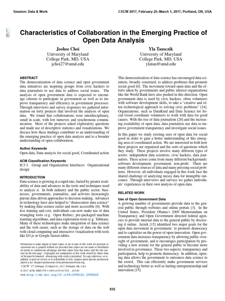 Characteristics of Collaboration in the Emerging Practice of Open Data Analysis | PDF | Data ...