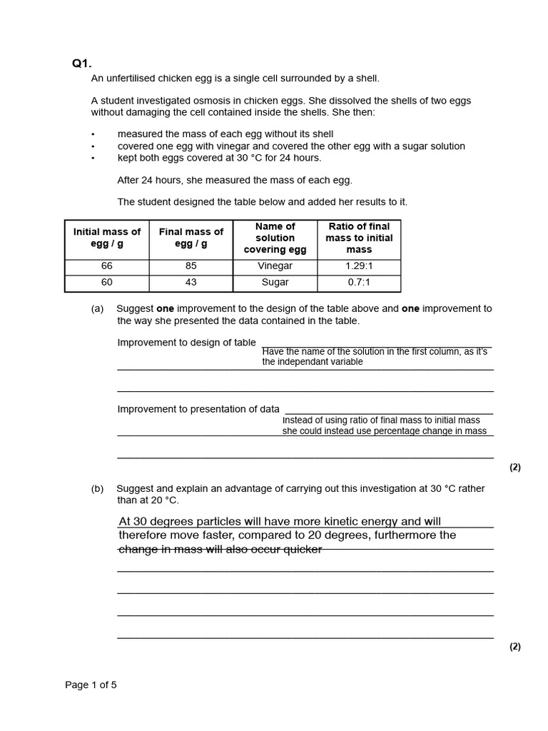 Osmosis in Chicken Eggs and Potatoes | PDF | Concentration | Mass
