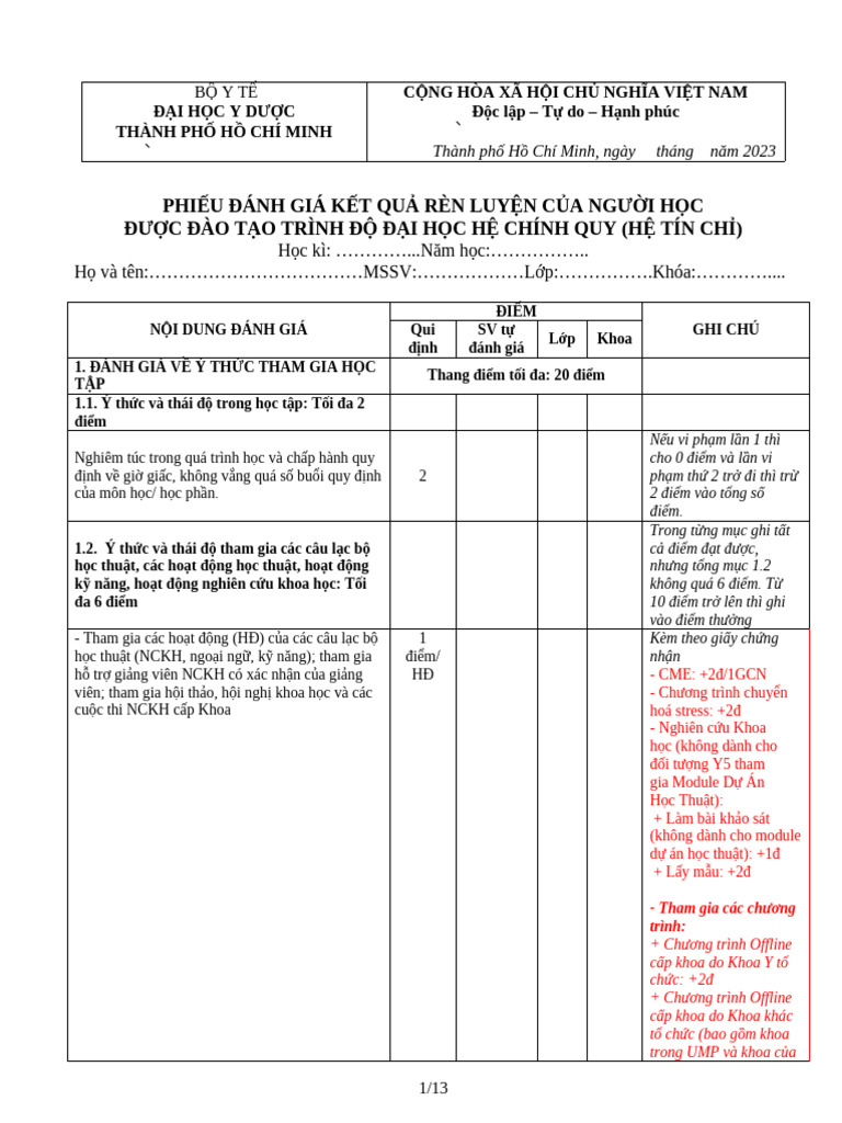 Hướng Dẫn Điểm Rèn Luyện Dành Cho HKI Năm Học 2023-2024 | PDF