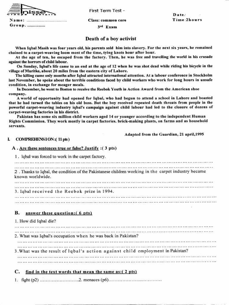 Test 3 Model 6 English Common Core First Term | PDF