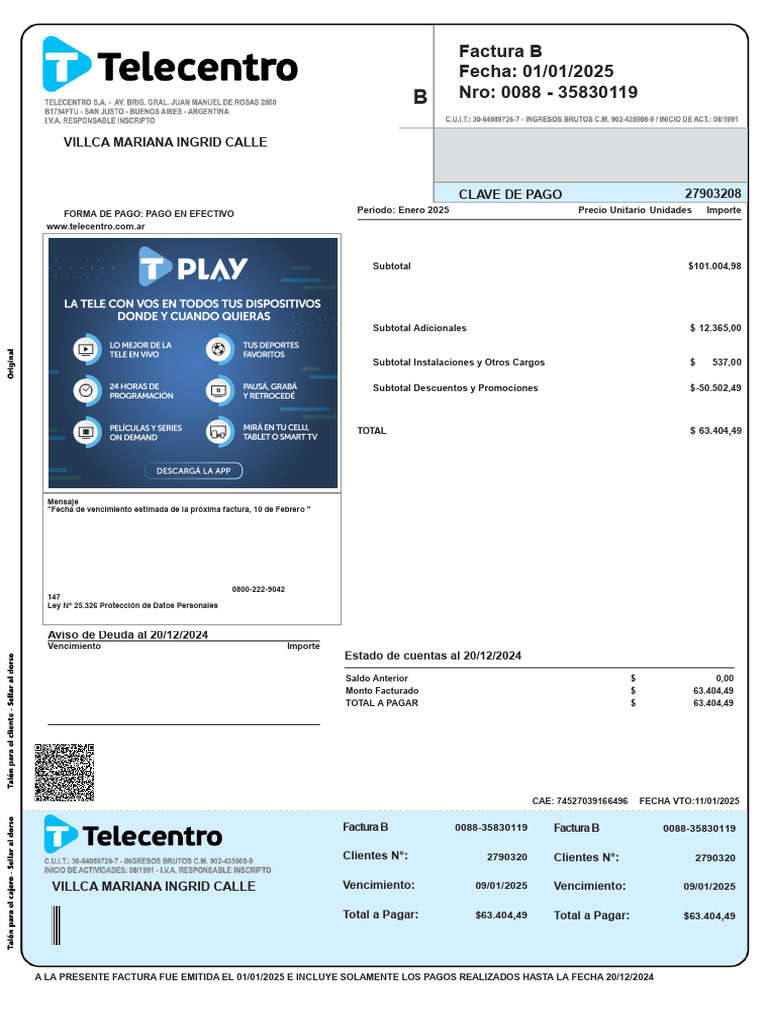 Telecentro Enero 2025 | PDF | Factura | Economias