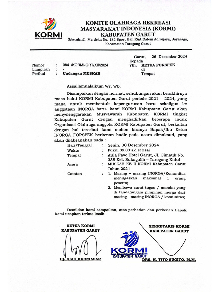 Undangan MUSKAB KORMI Garut - FORSPEK | PDF