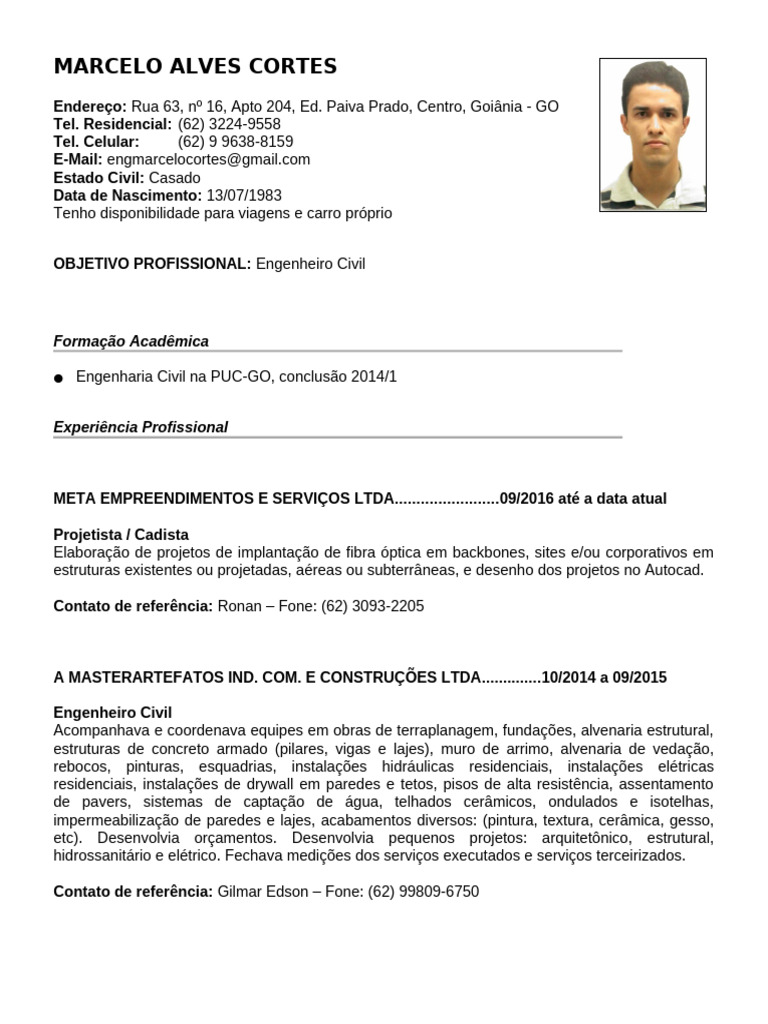 Currículum Marcelo Engenheiro | PDF | Engenharia Civil | Drywall