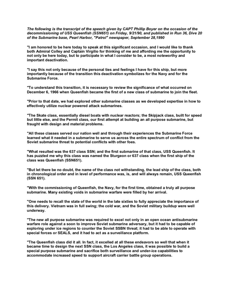 The Following Is The Transcript of The Speech Given by CAPT Phillip ...