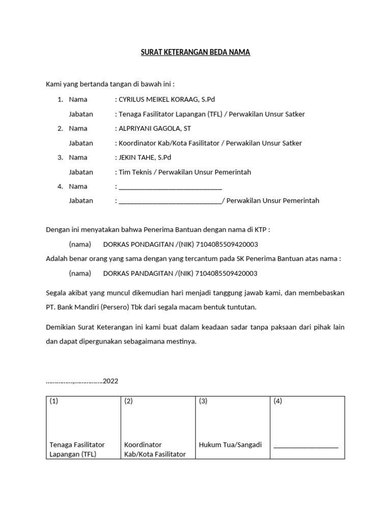 Surat Keterangan Beda Nama | PDF