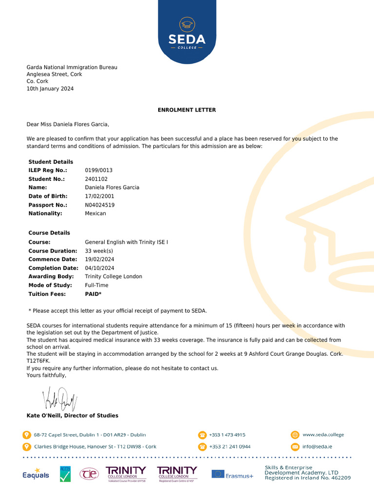 Enrollment Confirmation for Daniela Garcia | PDF