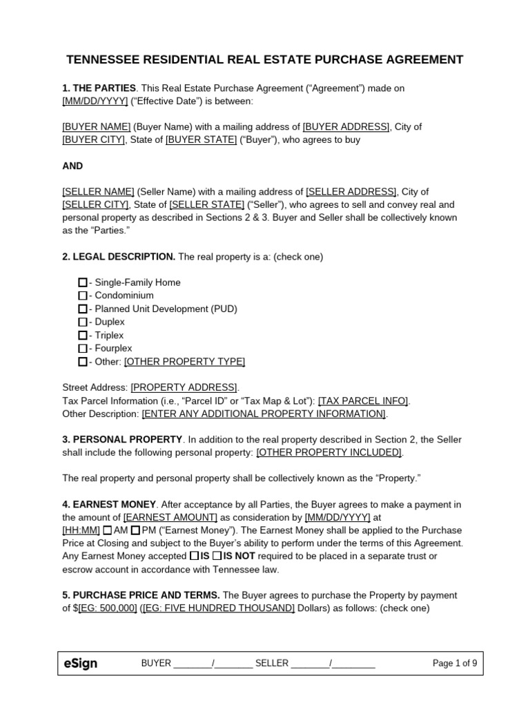 Tennessee Residential Real Estate Purchase Agreement | PDF ...