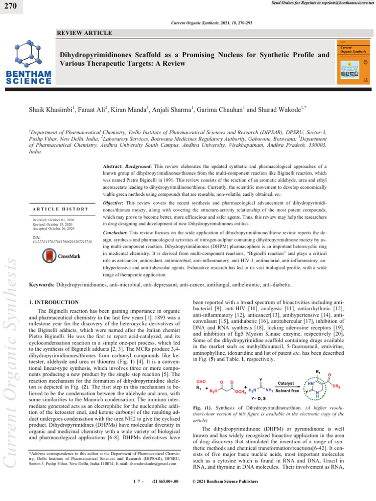 Dihydropyrimidinones Scaffold As A Promising Nucleus For Synthetic Profile | PDF | Thin Layer ...